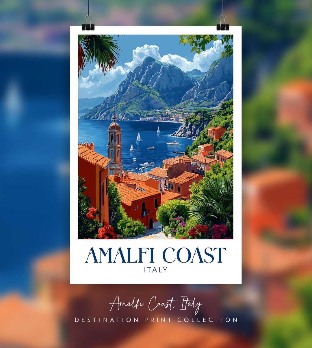 Amalfi Coast Italy Travel Poster Print, Seaside Village Harbor, Costal ...