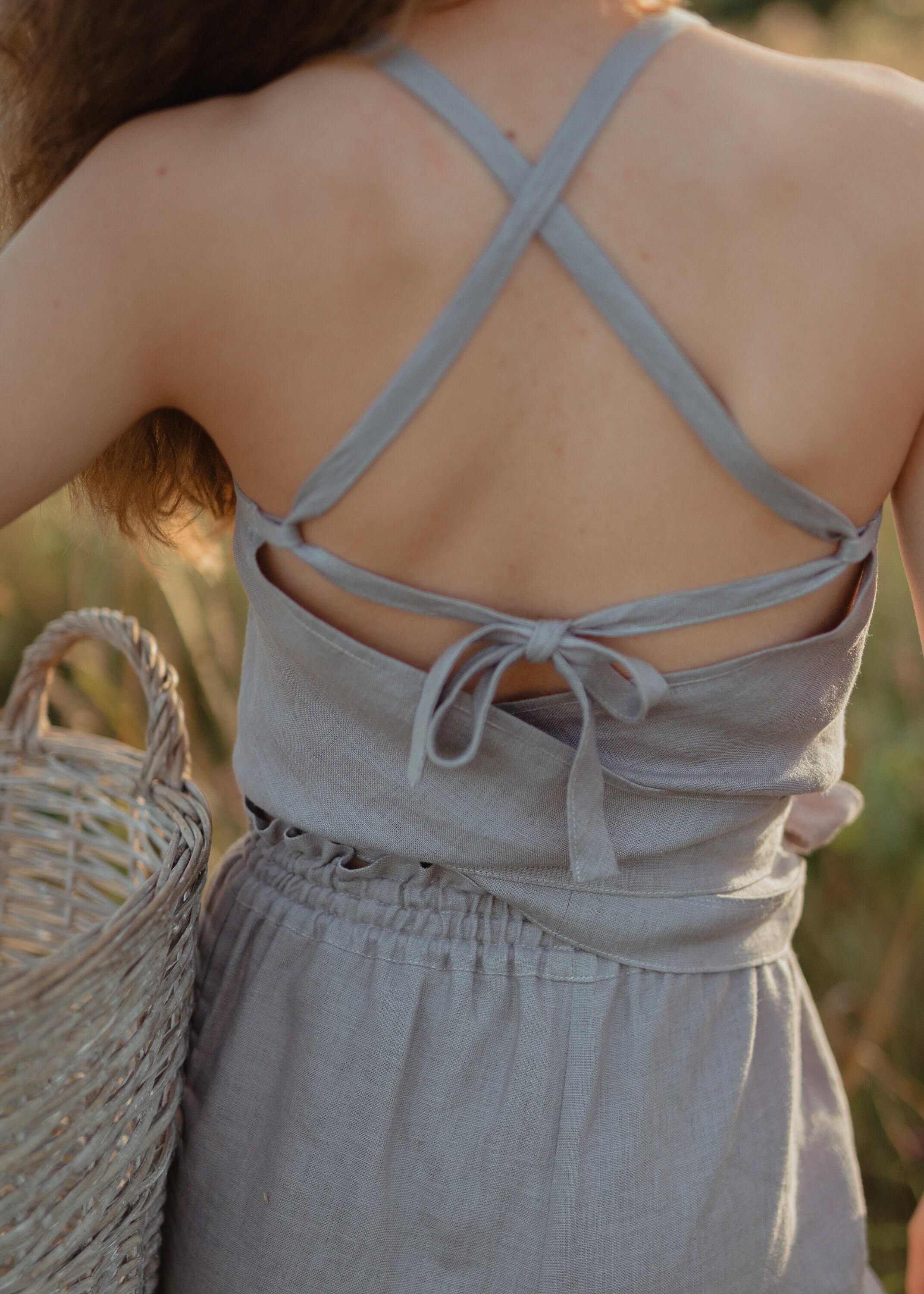Linen Wrap Top and Wide Leg Pants Set in Light Grey Color - Stonewashed ...