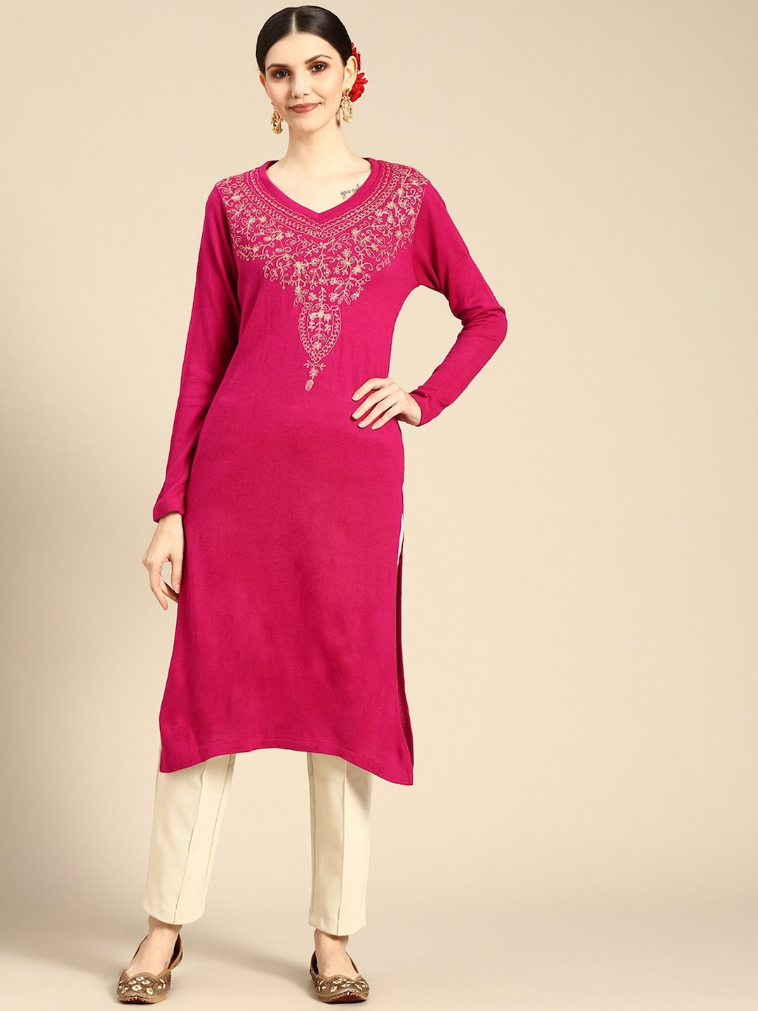 Women Kurtas Pink Ethnic Motifs Woolen Winter Kurta, Bollywood Dress ...