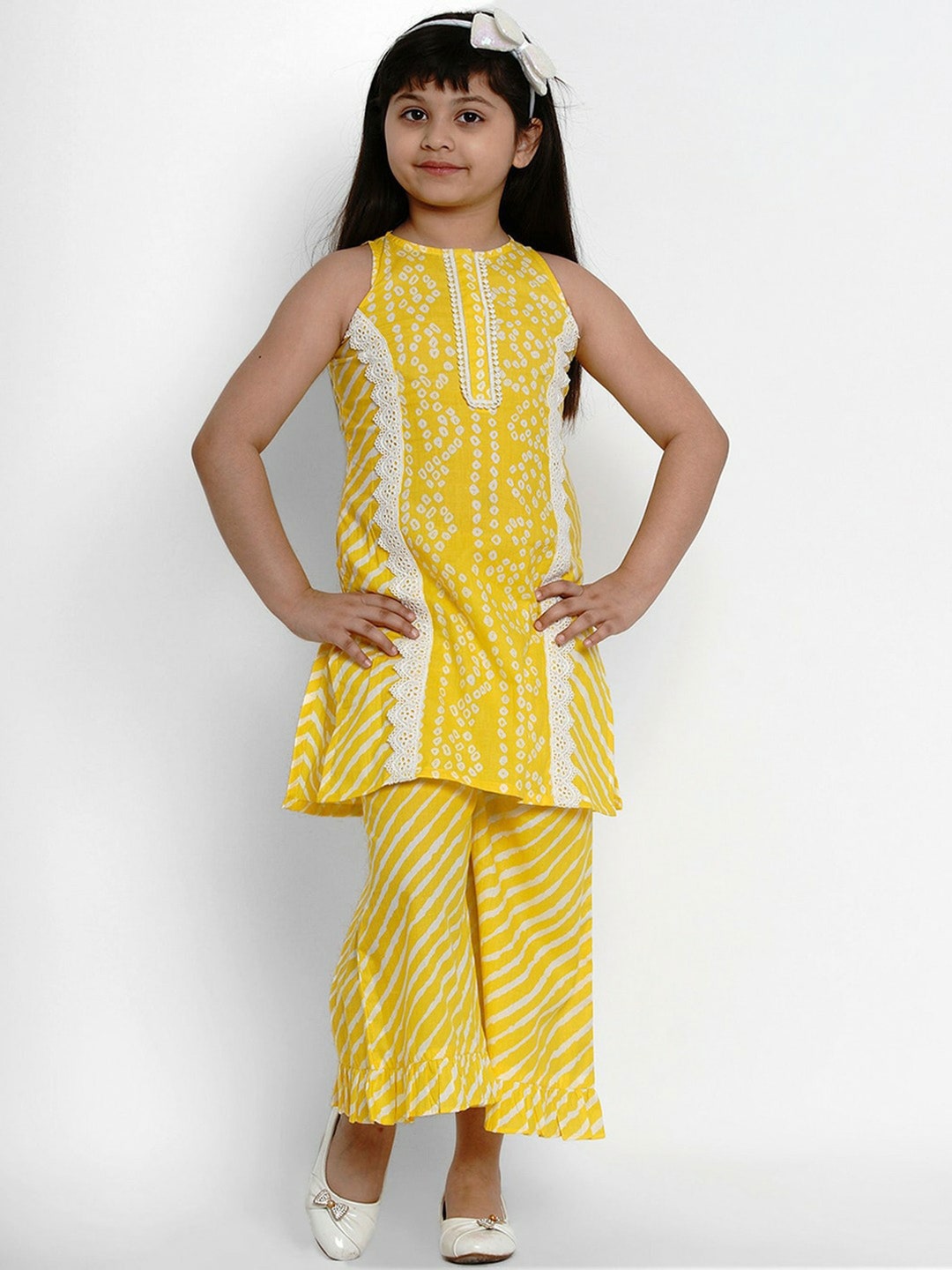 Girls Kurta Set Yellow & White Printed Kurti With Palazzos, Salwar ...