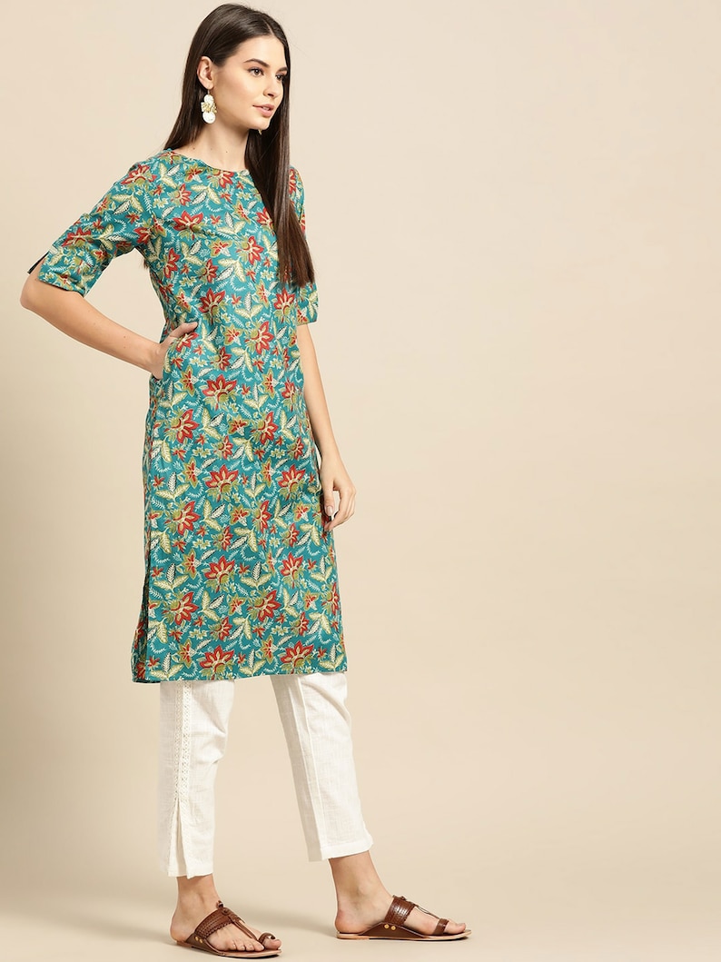 Women Kurtas Teal & Rust Ethnic Motifs Printed Kurta, Bollywood Dress ...