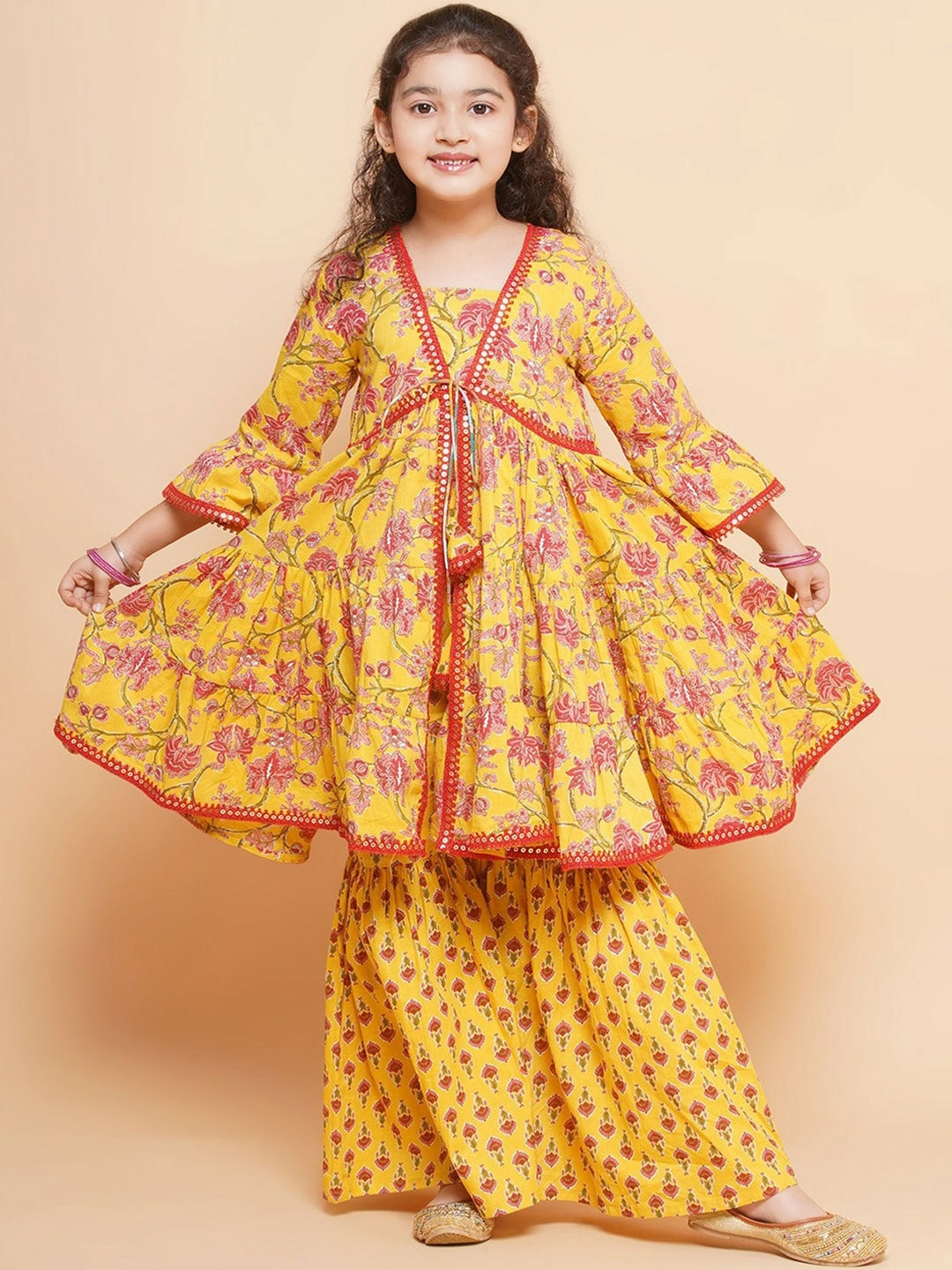 Girls Kurta Set Yellow Red and Gold Anarkali Cotton Kurta Sharara Set ...
