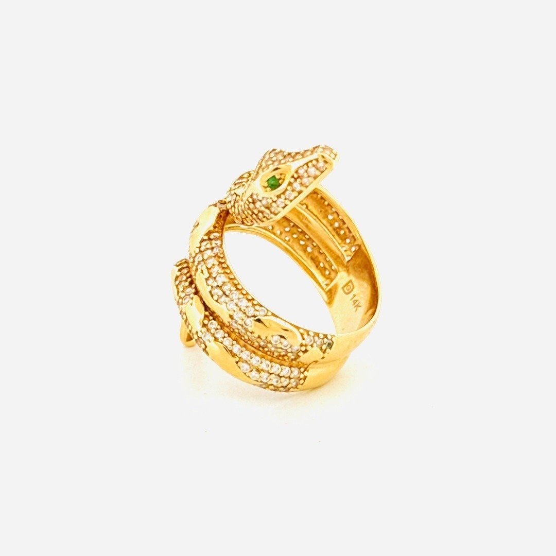 14k Yellow Gold Diamond Encrusted Snake Ring With Emerald Eyes Wrap ...