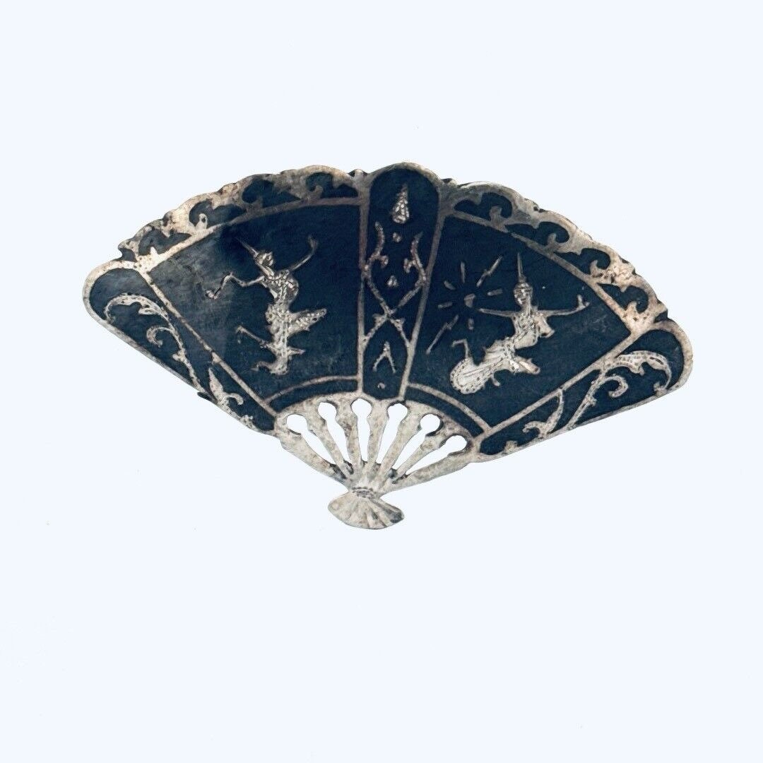 Vtg Sterling Silver Siam Thai Fan Brooch Pendant Niello Ware Dancer ...