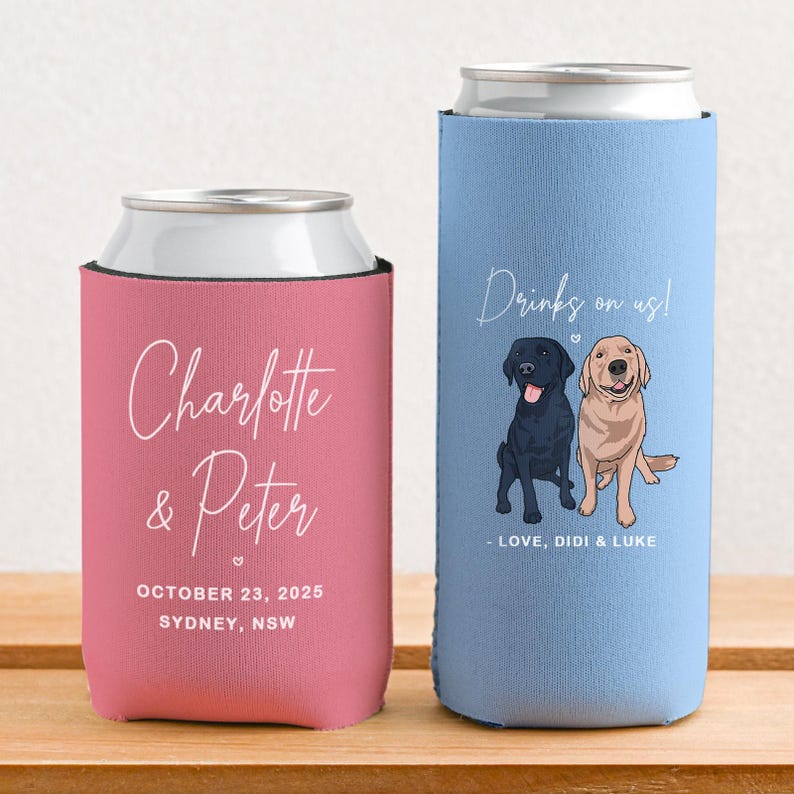 Personalized Wedding Can Cooler - Custom Pet Illustration Stubby Holder ...