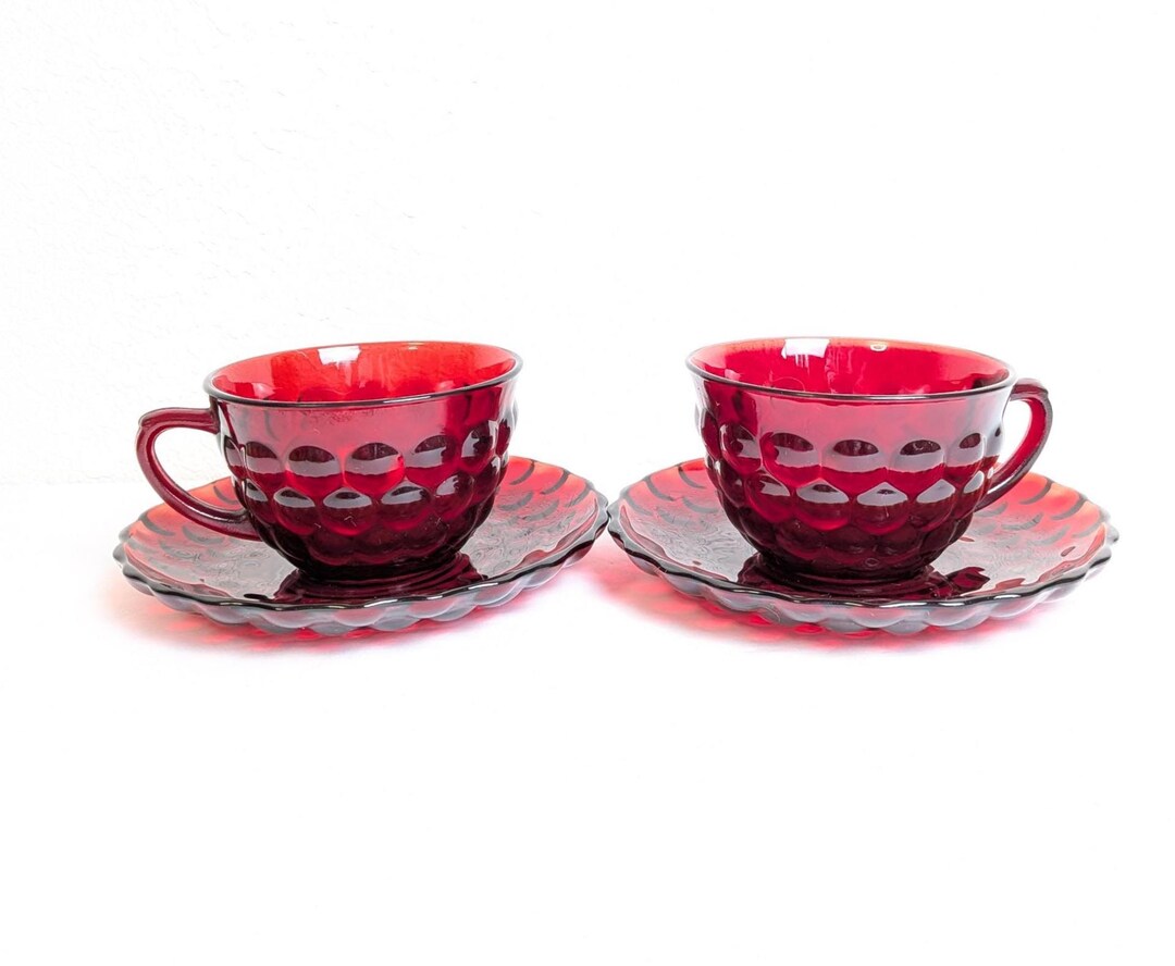 Royal Ruby Red Bubble Glass Cup and Saucer Sets – Vintage Anchor ...