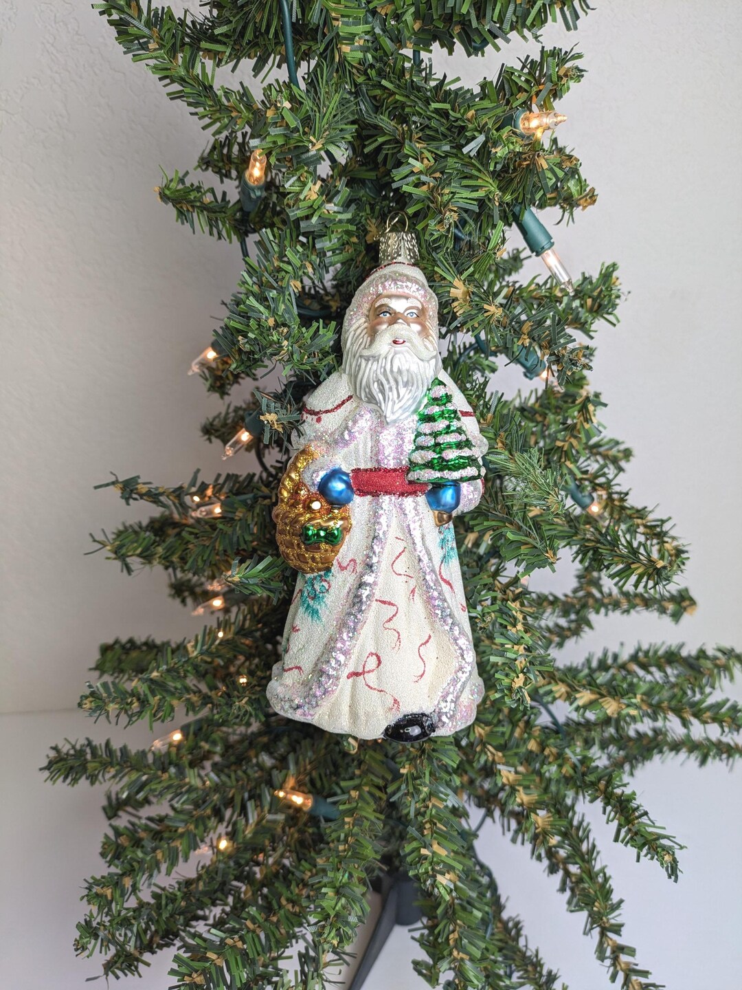 Glistening Father Christmas With Tree RARE Hand-painted Glass Old World ...