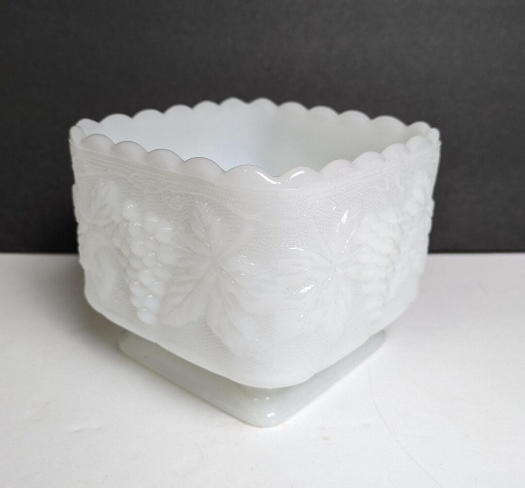 Vintage Square Grape Design Milk Glass Bowl, MCM Scalloped Edge Square ...