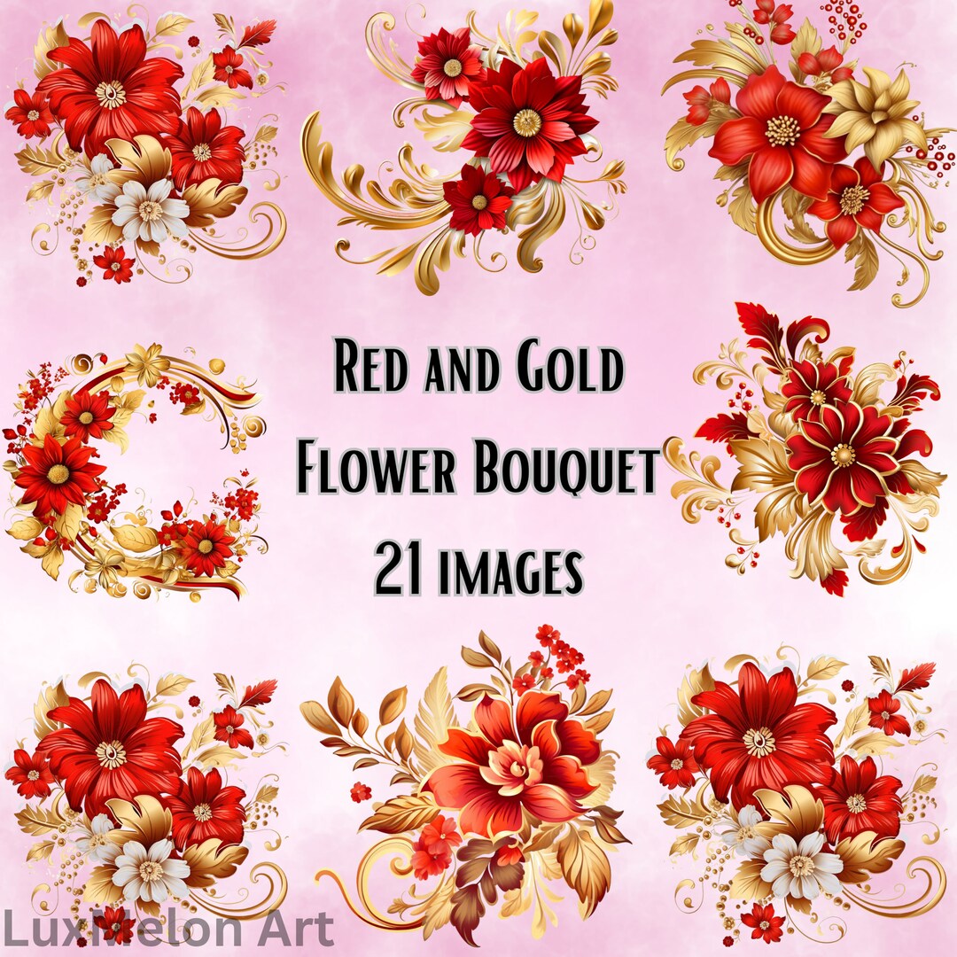 Flower Bouquet Red and Gold Flower Bouquet Red Gold Floral - Etsy