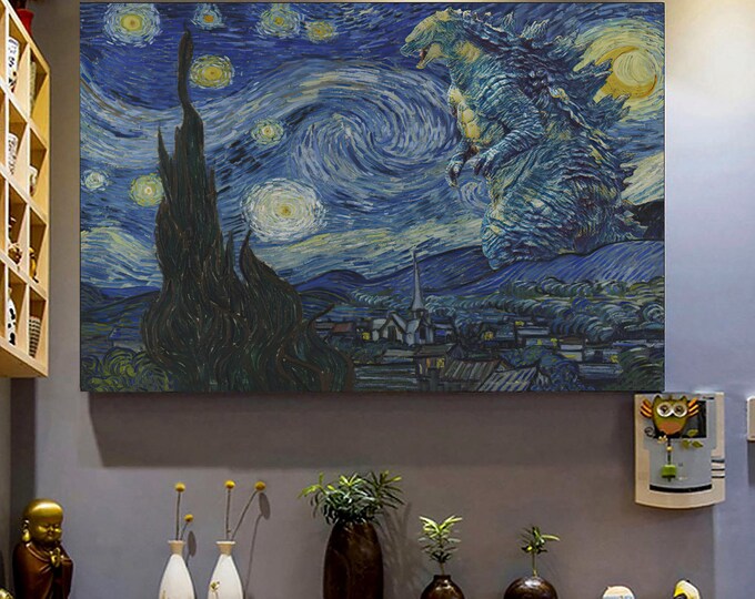 Godzilla Starry Night Poster/ Canvas Wall Art Starry Night Canvas ...