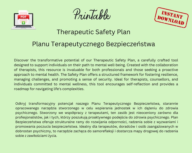 Therapeutic Safety Plan, Mental Health Support, Therapy Resource ...
