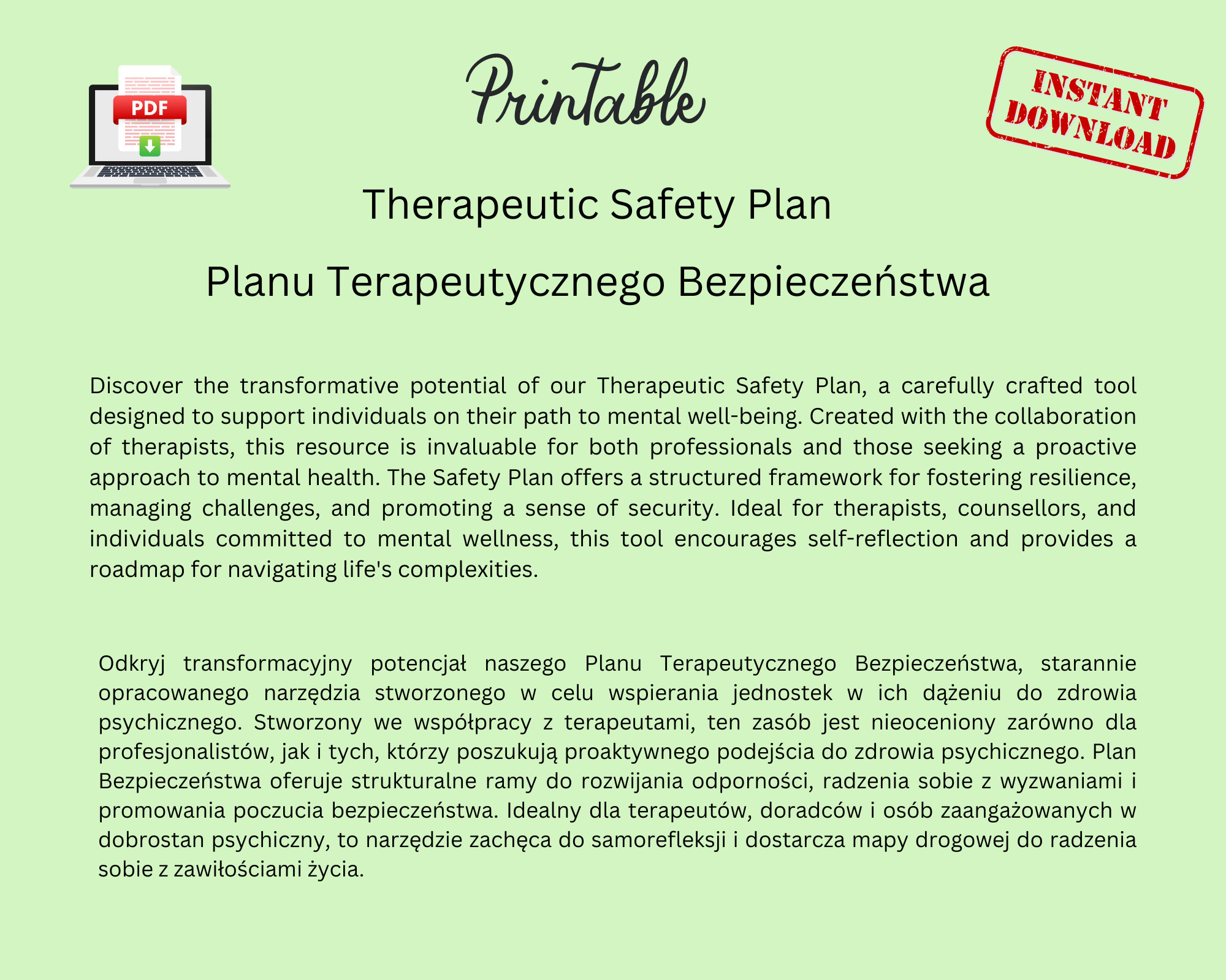 Therapeutic Safety Plan, Mental Health Support, Therapy Resource ...