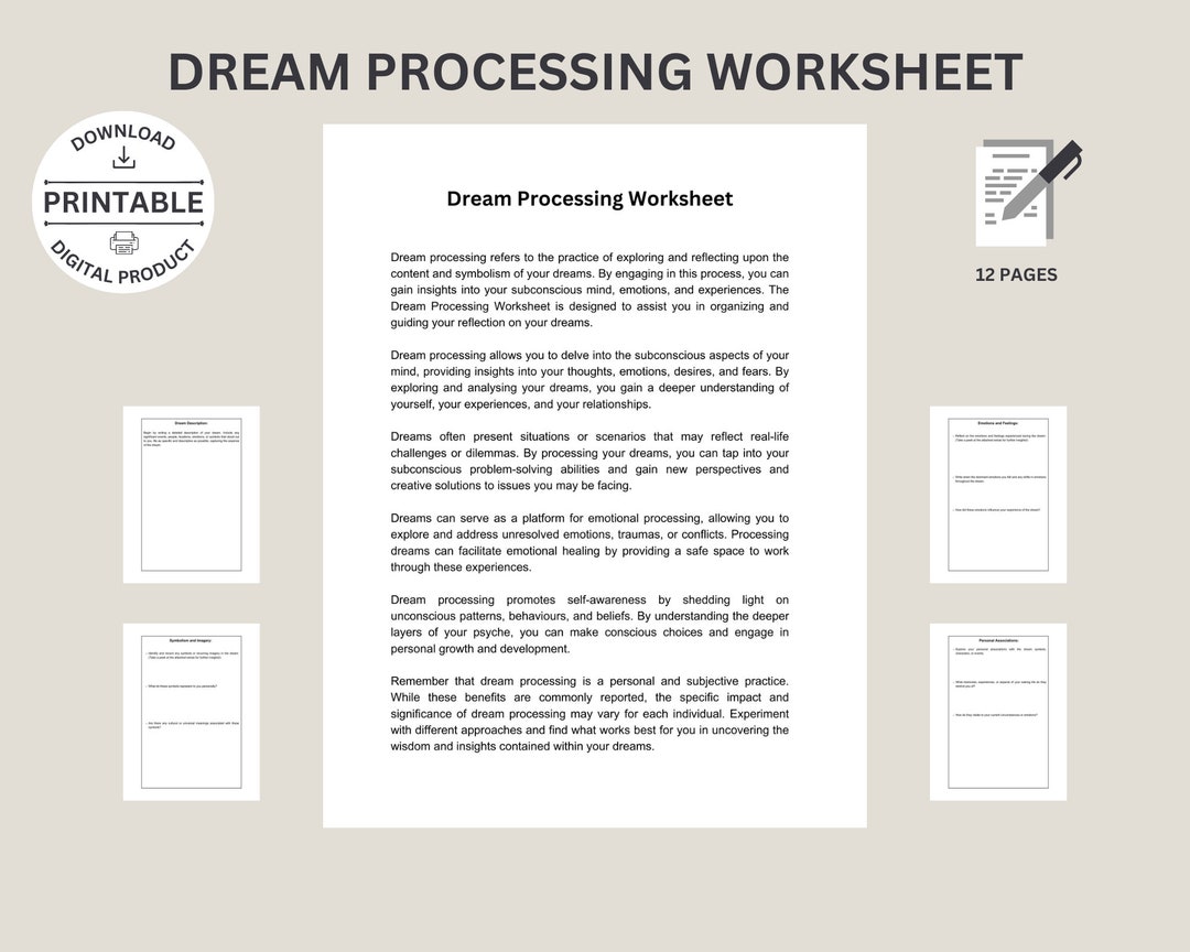 Dream Processing Worksheet CBT Worksheet Mental Health Printable Self ...