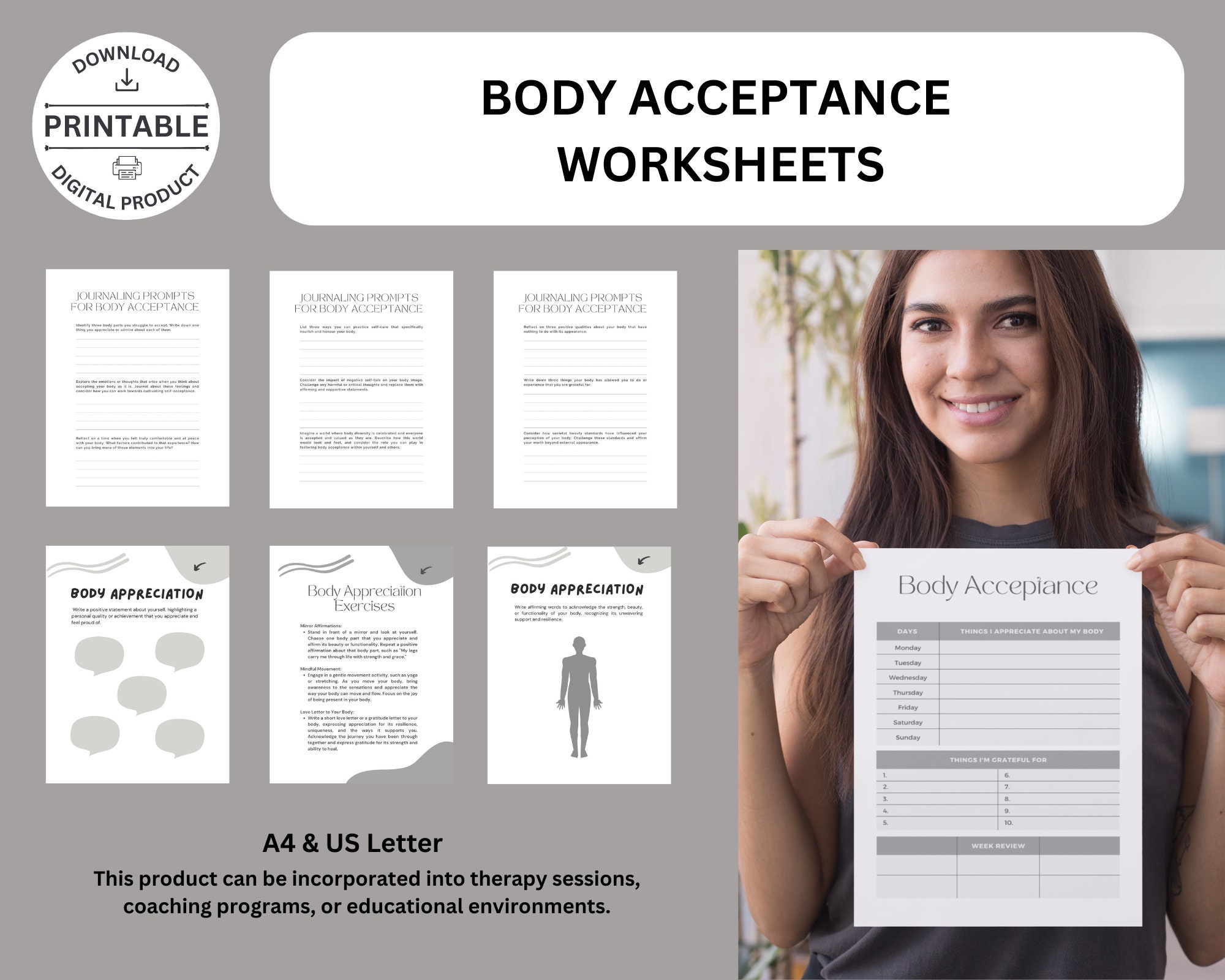 Body Acceptance Worksheets Therapy Resource Self-help Printable CBT ...
