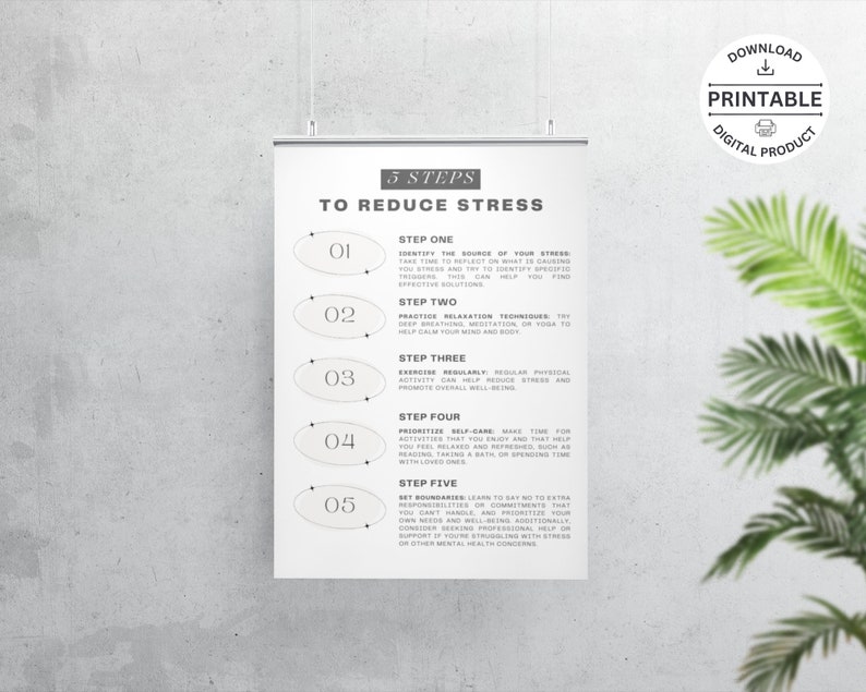 5 Steps to Reduce Stress Poster: Mental Health Print (digital Download ...
