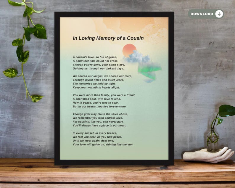 Cousin Memorial Poem Print: Loss of Cousin Gift (A4/US Letter PDF) - Etsy