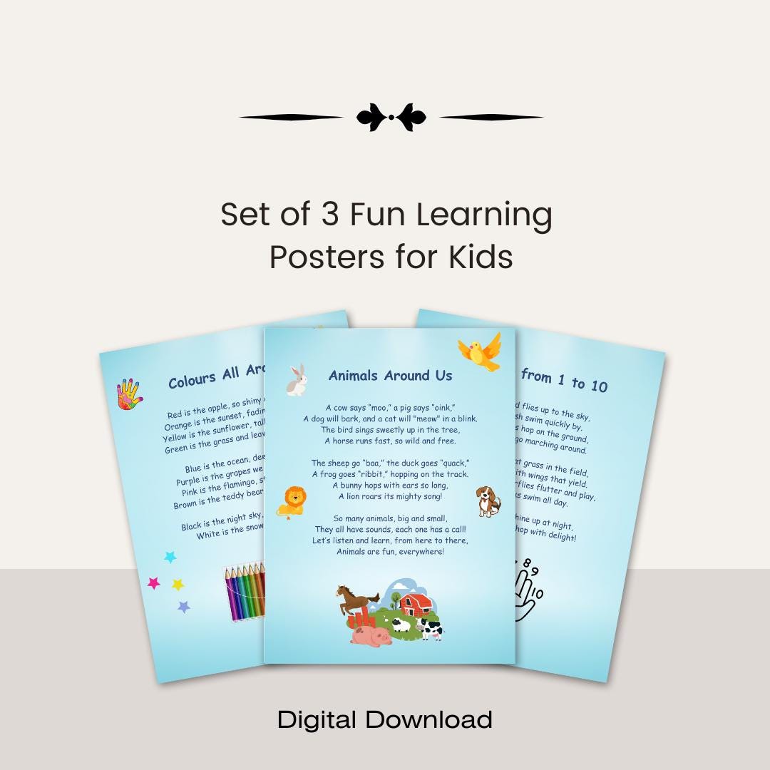 Set of 3 Fun Learning Posters for Kids, Kids Learning Posters, Animal ...