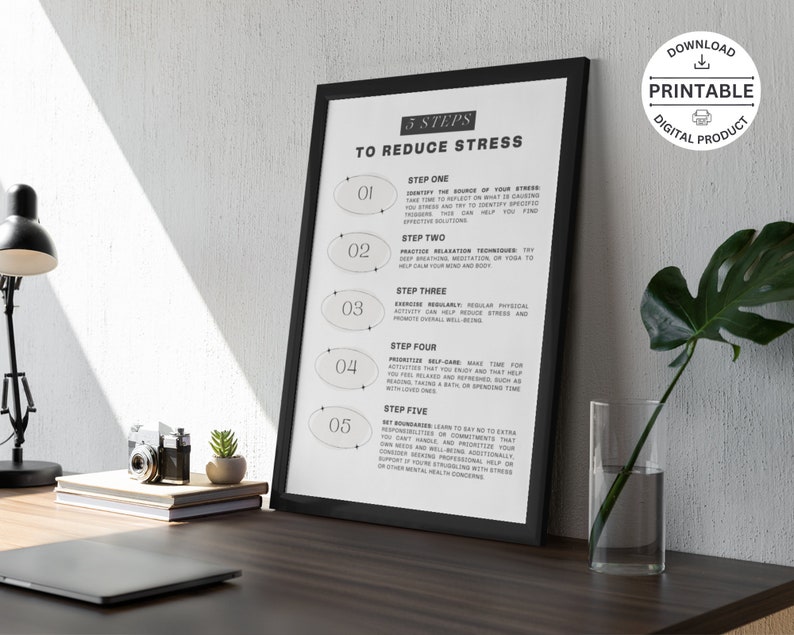 5 Steps to Reduce Stress Poster: Mental Health Print (digital Download ...