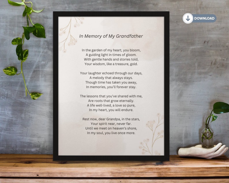 Grandfather Memorial Poem: Bereavement Gift, Healing Words (A4/US ...