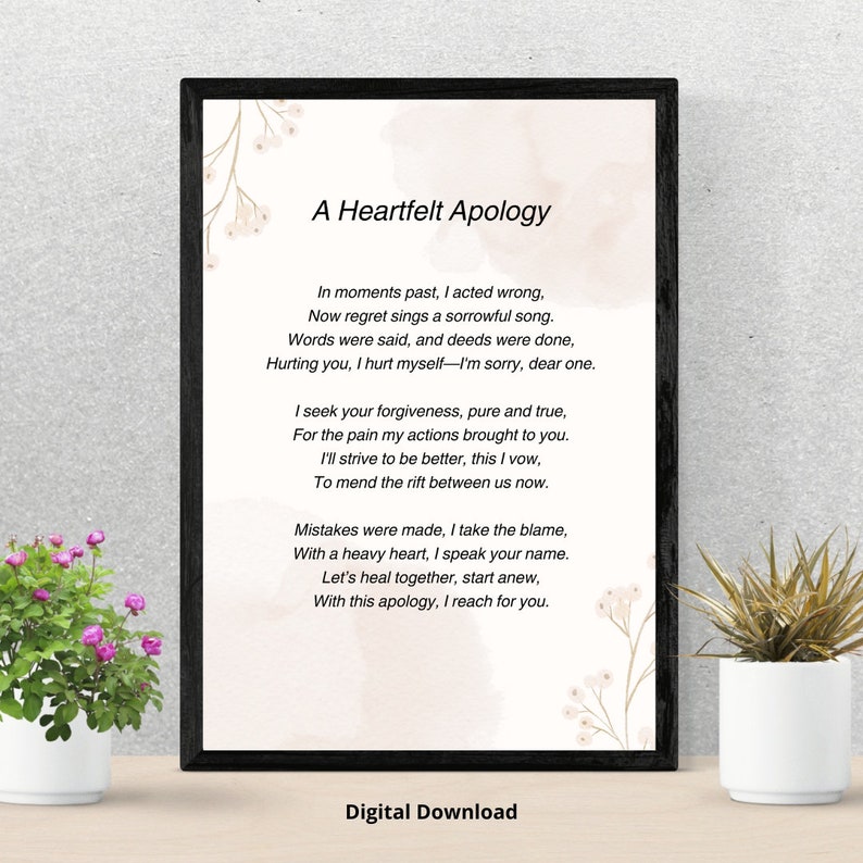 Heartfelt Apology Poem Print: Sincere Regret, Forgiveness (PDF Download ...