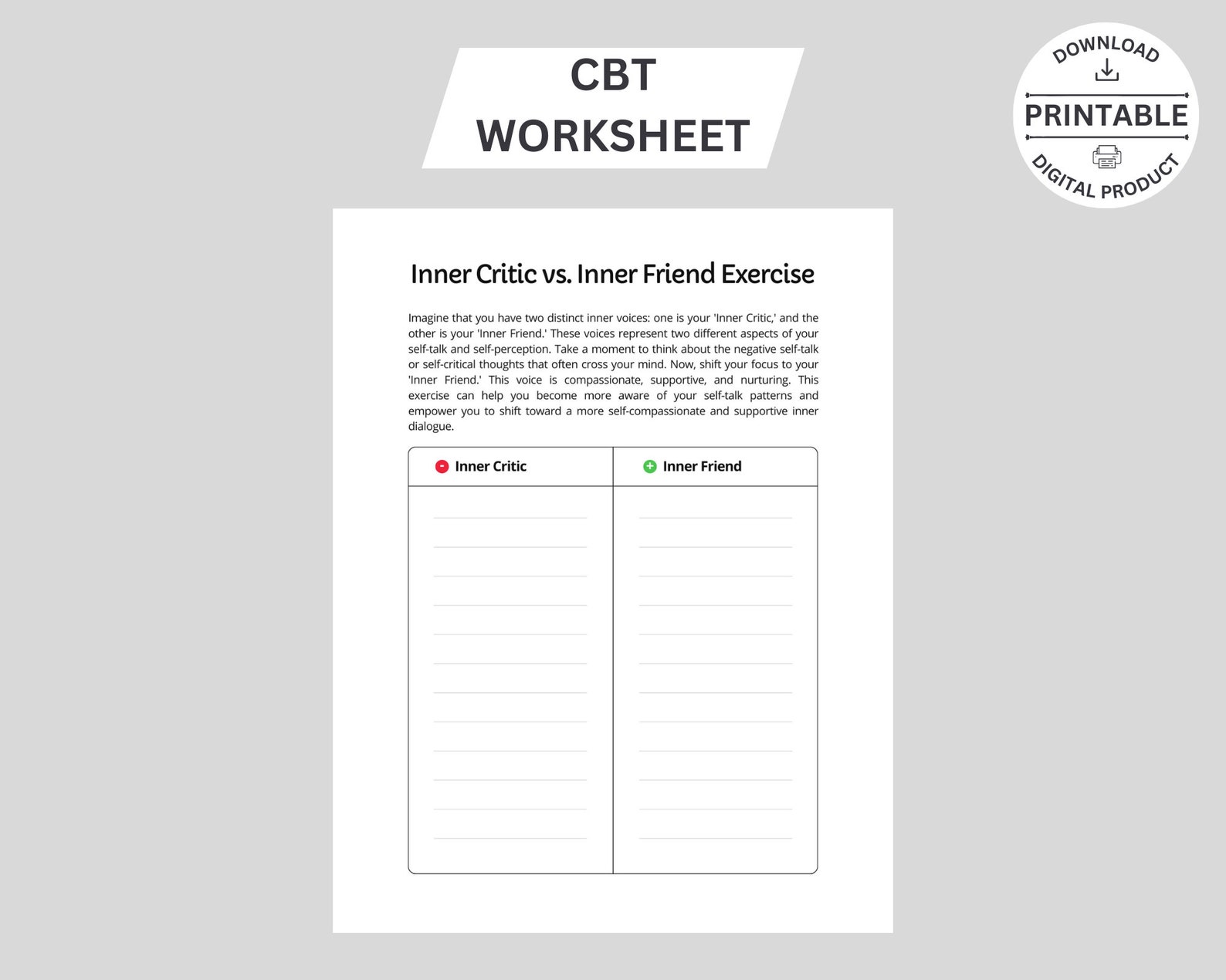 Inner Critic Vs Inner Friend Exercise: CBT Worksheet (PDF) - Etsy