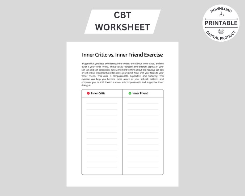 Inner Critic Vs Inner Friend Exercise: CBT Worksheet (PDF) - Etsy