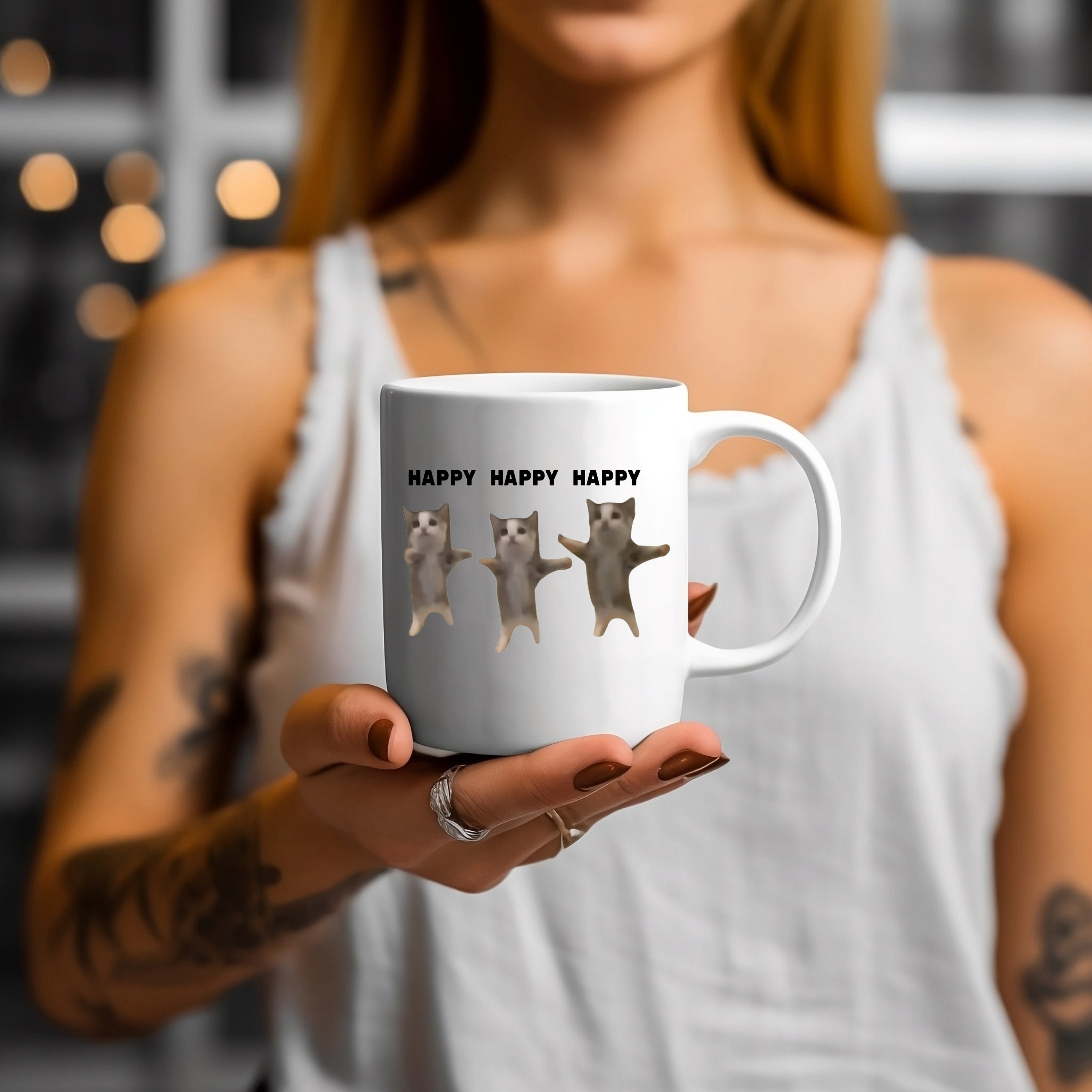 Hapi Cat Mug Happy Happy Happy Meme Tiktok White Mug Funny Gift for Cat Lovers and Kitten ...