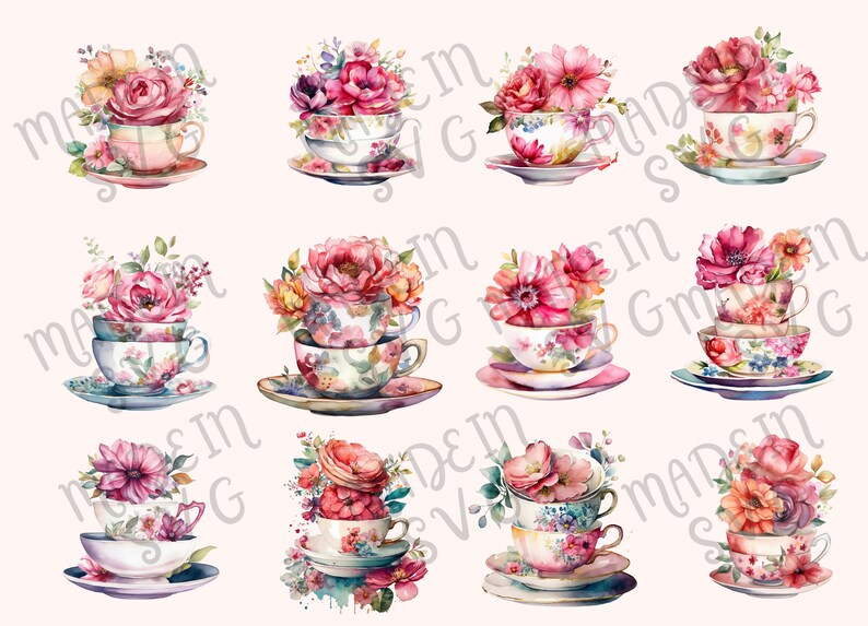 Watercolor Teacup Clipart Svg Set Tea Party Clipart Bundle Tea Time ...