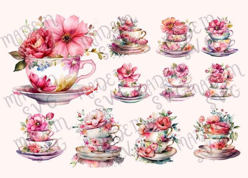 Watercolor Teacup Clipart Svg Set Tea Party Clipart Bundle Tea - Etsy