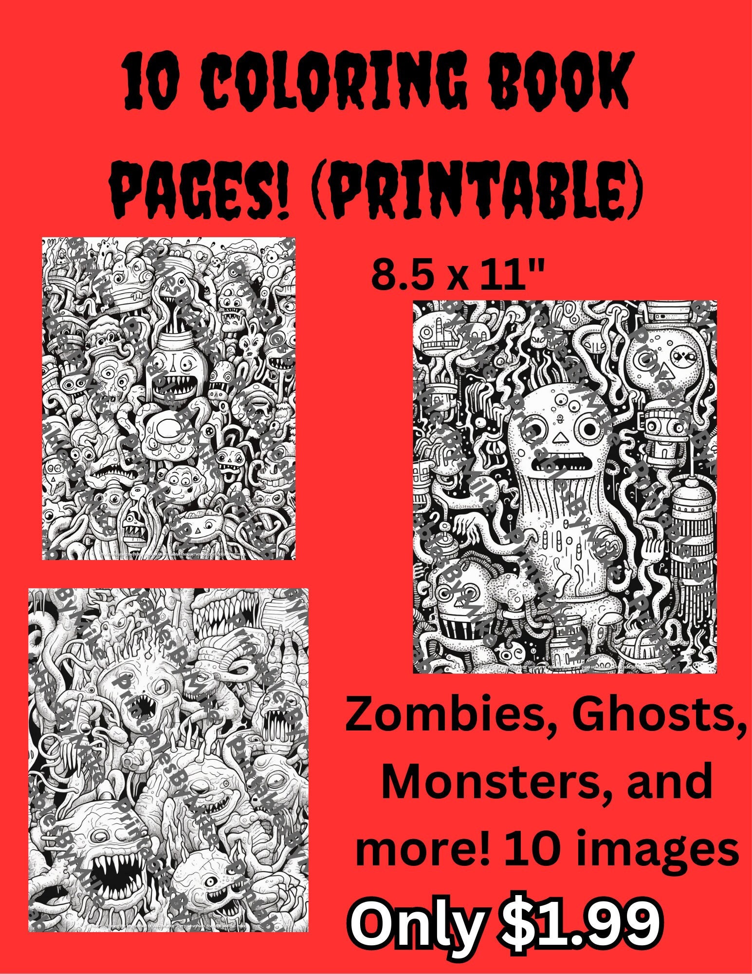 10 Creepy Coloring Book Pages. All Ages. Zombies and Ghosts - Etsy