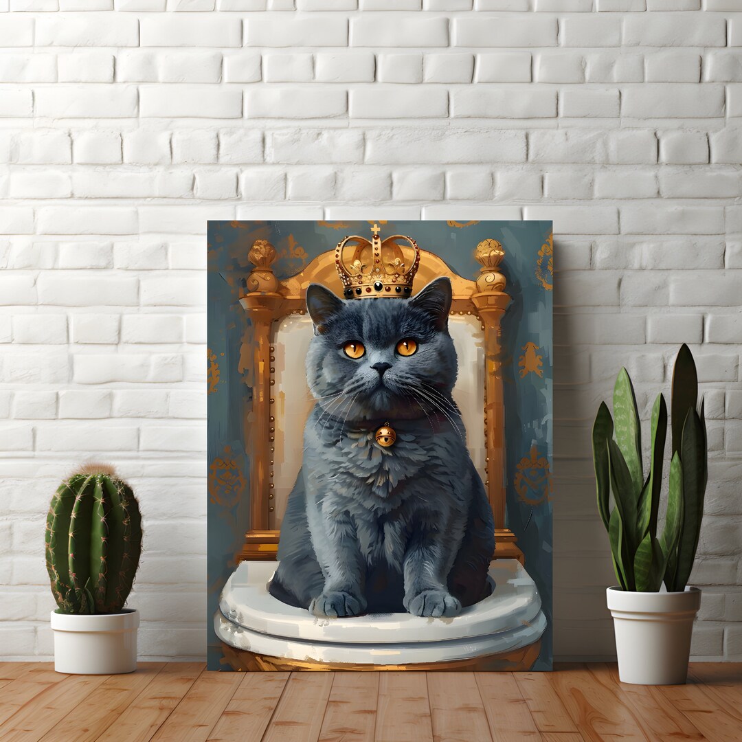 British Shorthair Cat on Toilet Throne, Funny Fat Cat Poster Bathroom ...