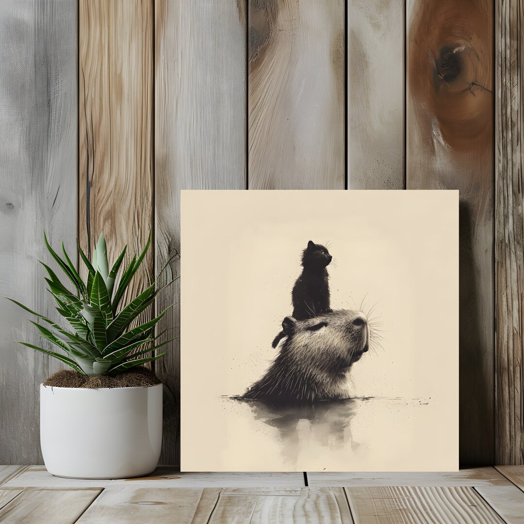 Capybara Cat Art Print, Quirky Animal Wall Art, Minimalist Funny ...