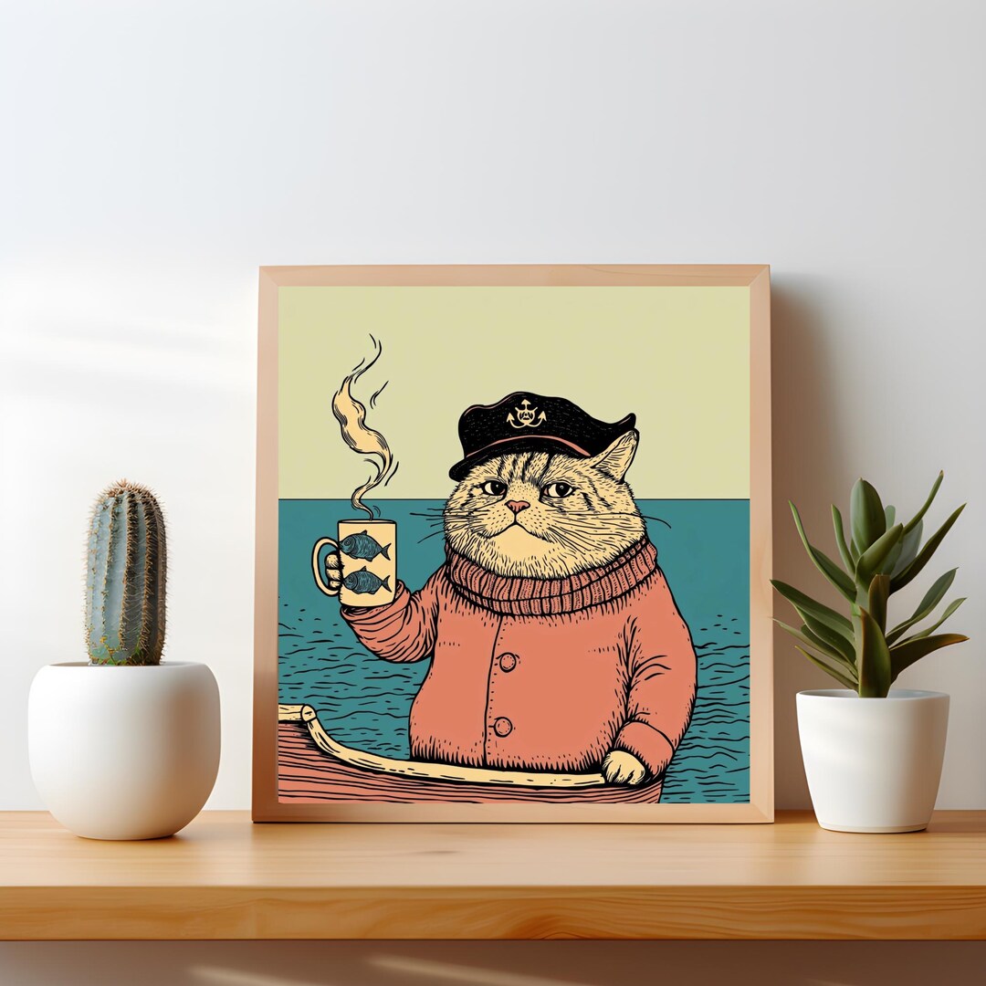 Sea Captain Cat Poster - Quirky Nautical Coffee Art Print | Funny Wall ...