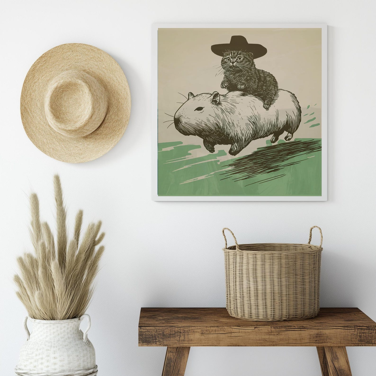 Funny Cowboy Cat & Capybara Art Print – Quirky Retro Home Decor - Etsy