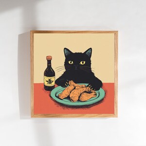 Black Cat Chicken Wing Wall Art, Quirky Kitchen Decor, Food Print, Hot ...