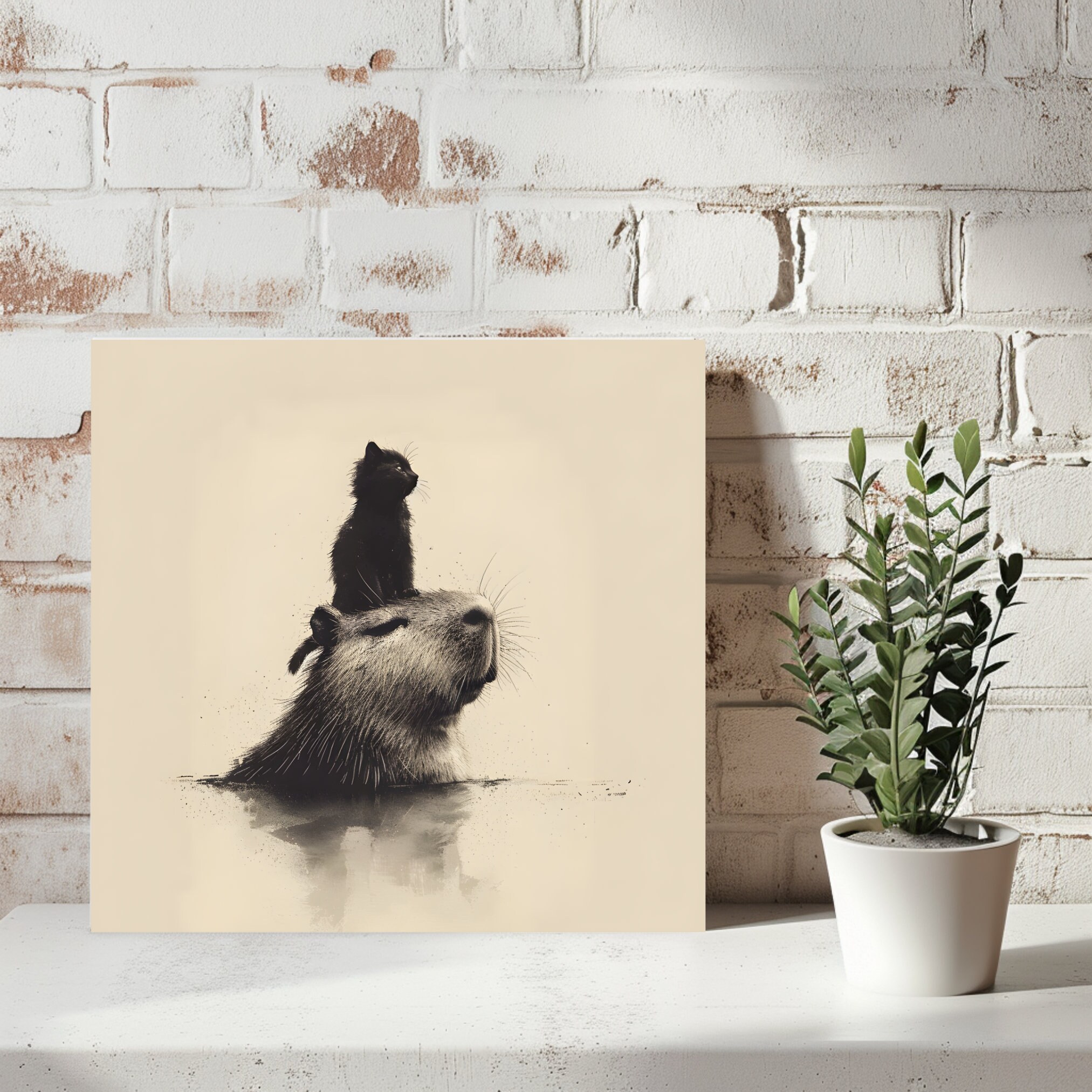 Capybara Cat Art Print, Quirky Animal Wall Art, Minimalist Funny ...
