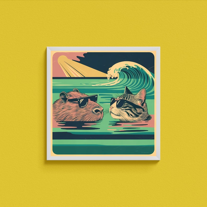 Capybara Wall Art, Cat Poster, Quirky Coastal Wall Art, Retro Wall Decor, Cool Wall Art, Funny ...
