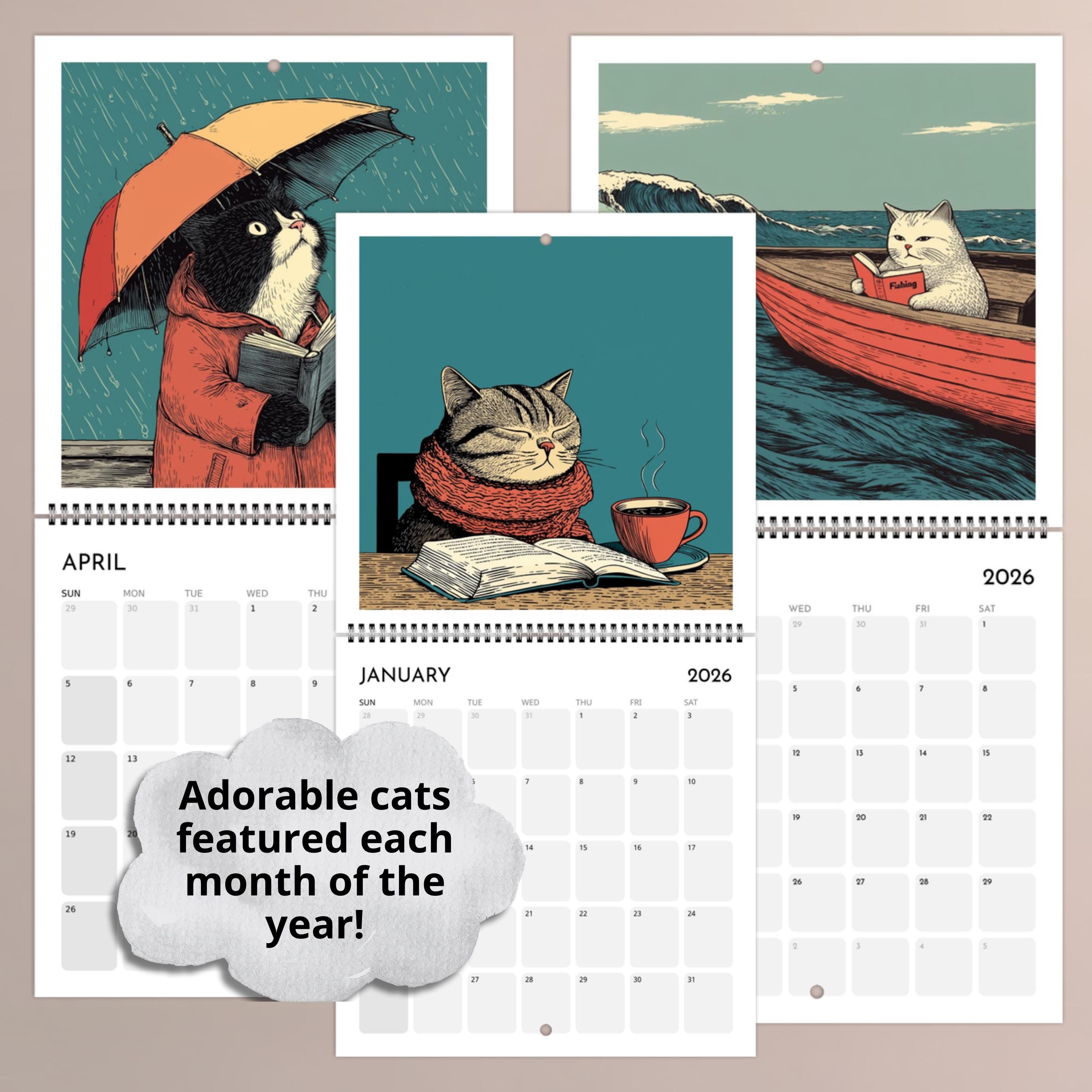 Cat Wall Calendar 2026, Cats Chillin' With Books, Funny Cat Calendar ...