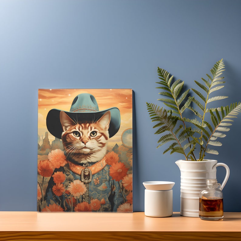 Cowboy Cat Wall Art, Country Western Decor, Texan Cat Print, Orange ...