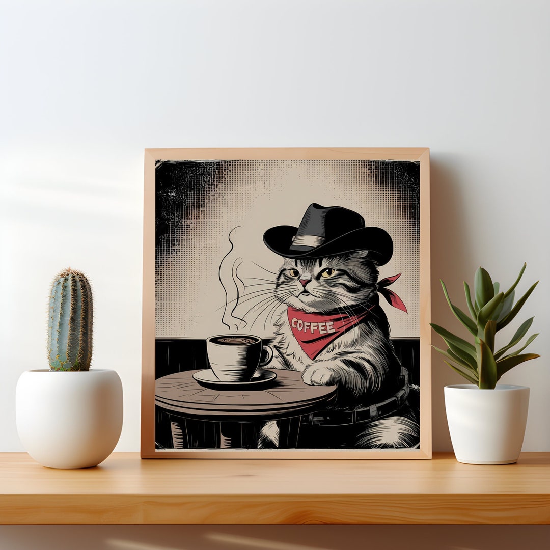Cowboy Cat Art, Quirky Kitchen Decor, Coffee Bar Art, Funny Cat Poster ...