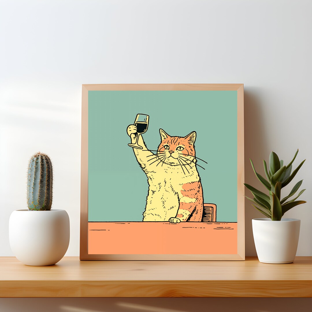 Cheers Cat Wine Poster: Quirky Bar Cart Art - Etsy