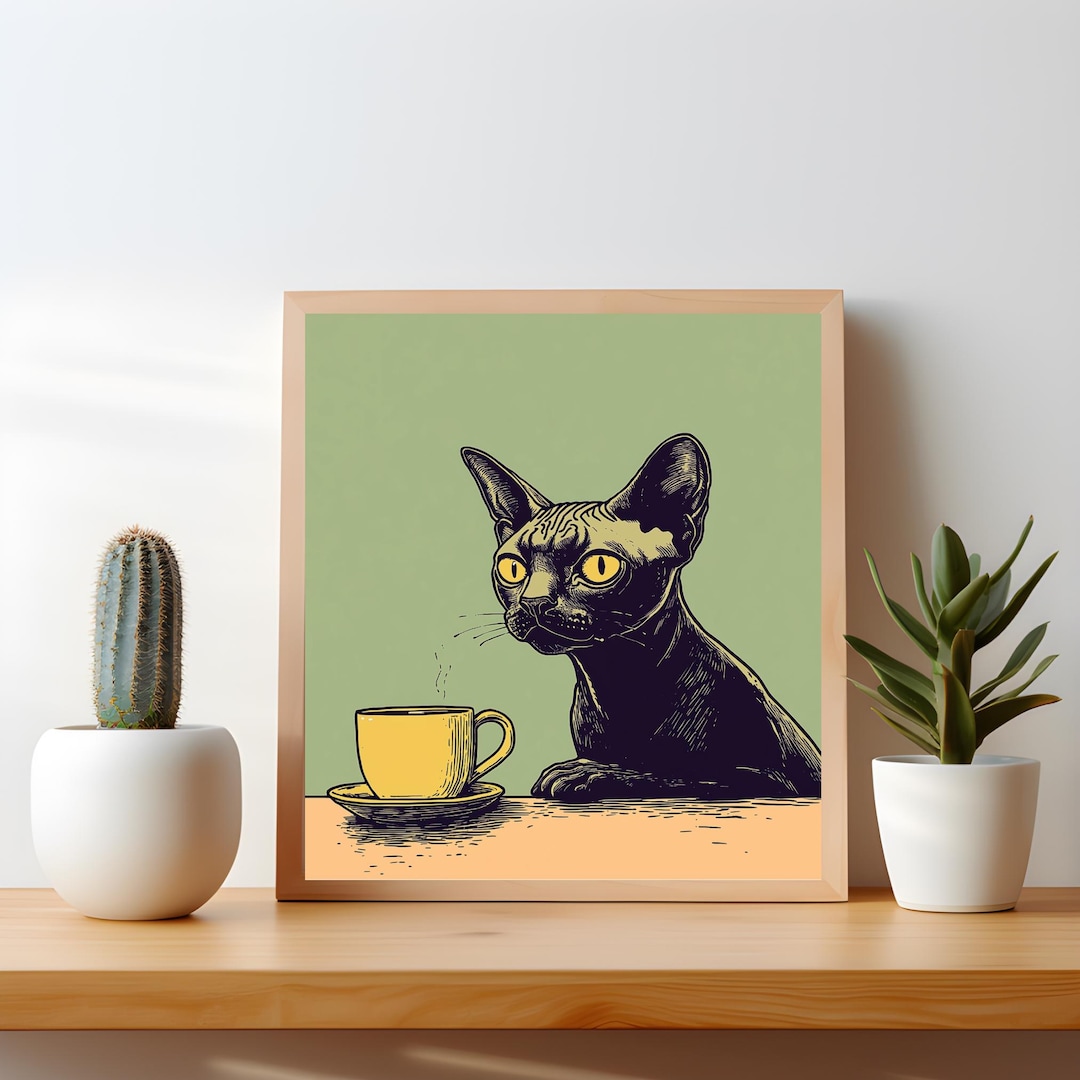 Sphynx Cat Coffee Art Print, Funny Sphinx Cat Poster, Cafe Wall Decor ...
