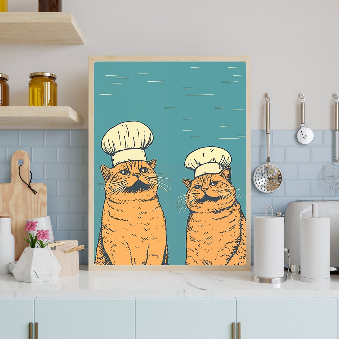 Funny Orange Cat Kitchen Art Quirky Chef Wall Decor, Ginger Cat Art ...
