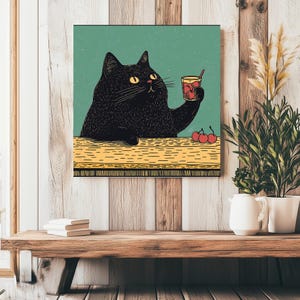 Black Cat Cocktail Art Print, Funny Cat Kitchen Wall Decor, Bar Cart ...