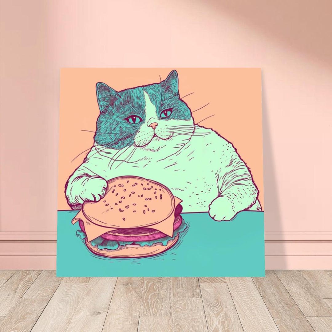 Quirky Kitchen Cat Wall Art Funny Fat Cat Poster Cheeseburger Art ...