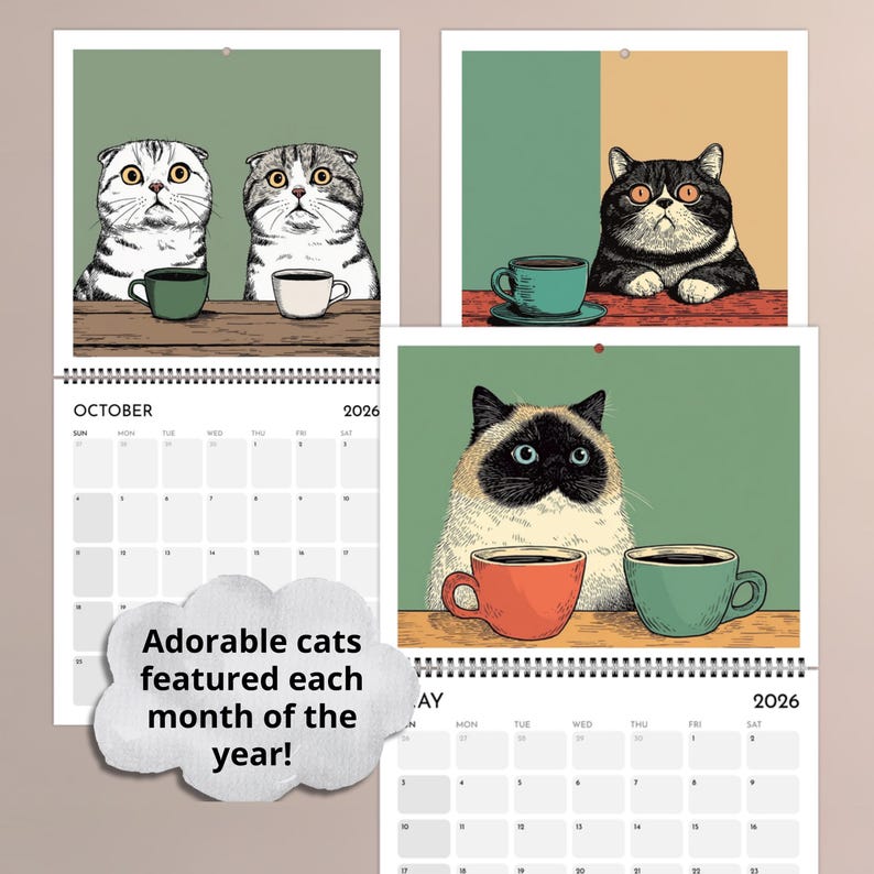 2026 Cat Wall Calendar – Cats Chillin' With Coffee – Funny Cat Calendar ...