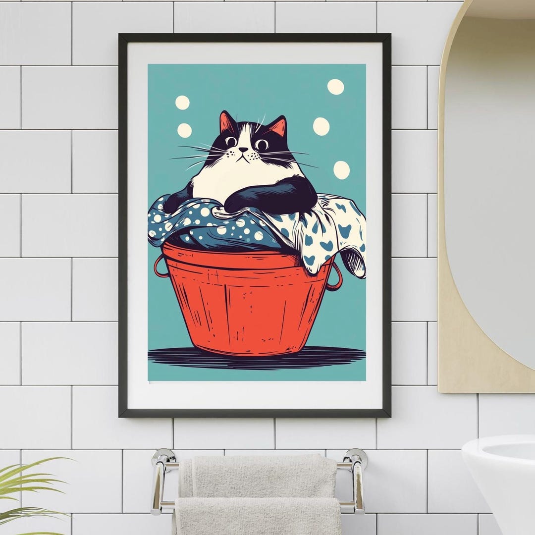 Retro Fat Cat Laundry Room Decor, Funny Cat Poster, Quirky Home Art ...