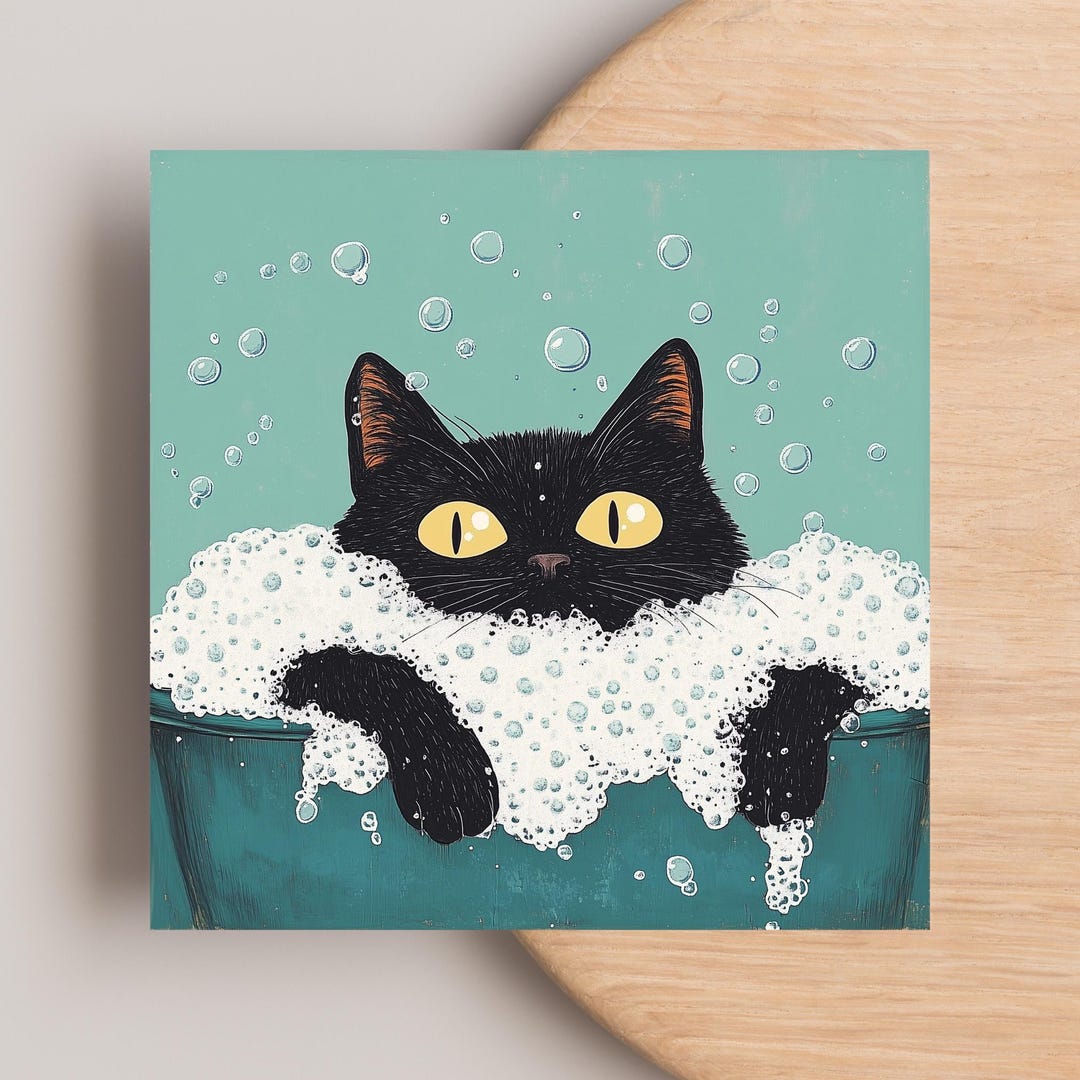 Black Cat Bubble Bath Wall Art – Funny Bathroom Decor – Quirky Cat ...