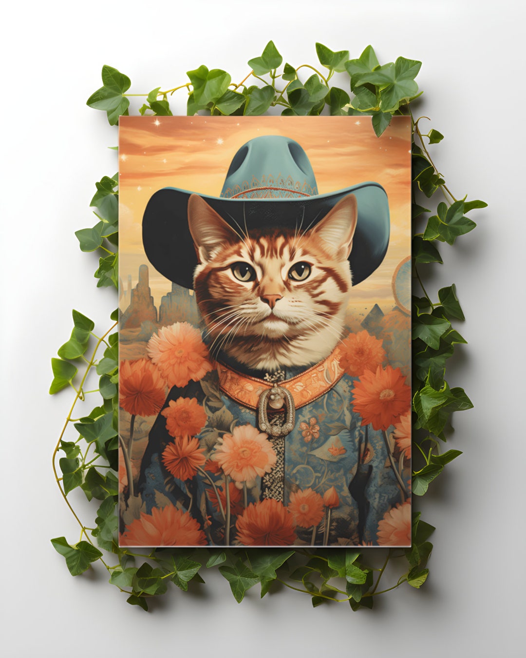 Cowboy Cat Wall Art, Country Western Decor, Texan Cat Print, Orange ...