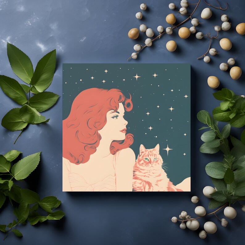 Vintage 70s Boho Celestial Red-haired Girl and Orange Tabby Ginger Cat ...